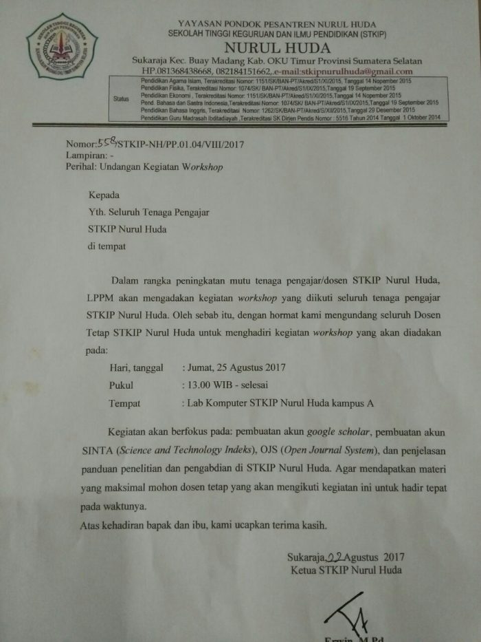 Undangan Workshop Internal – LPPM Universitas Nurul Huda